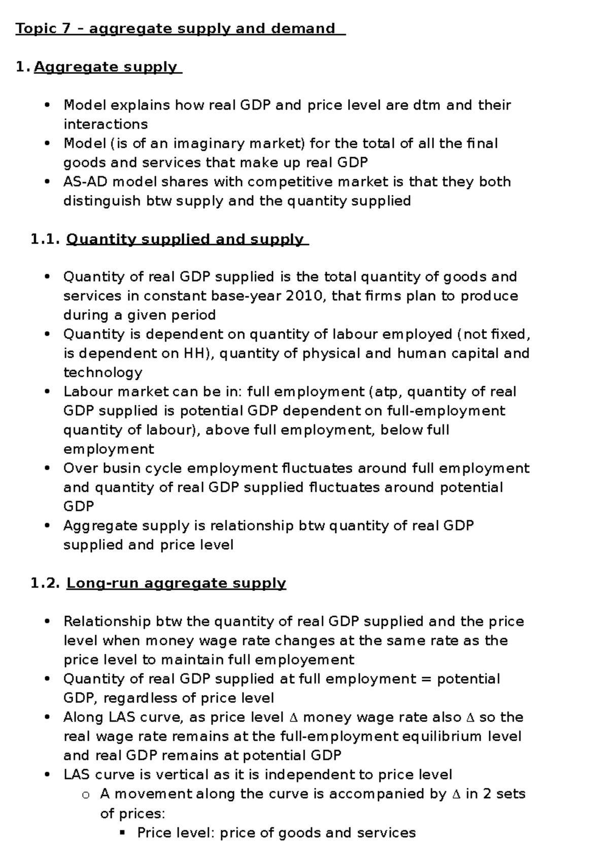 Topic 7 - Aggregate Supply and Demand Notes (ECO 101) - Studocu