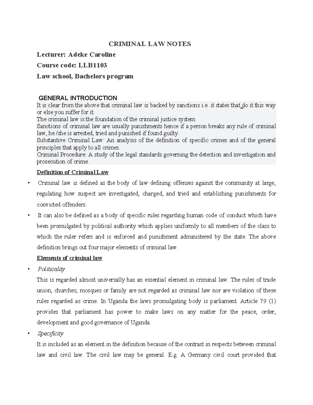 LLB1103: Fundamentals of Criminal Law Notes - Studocu