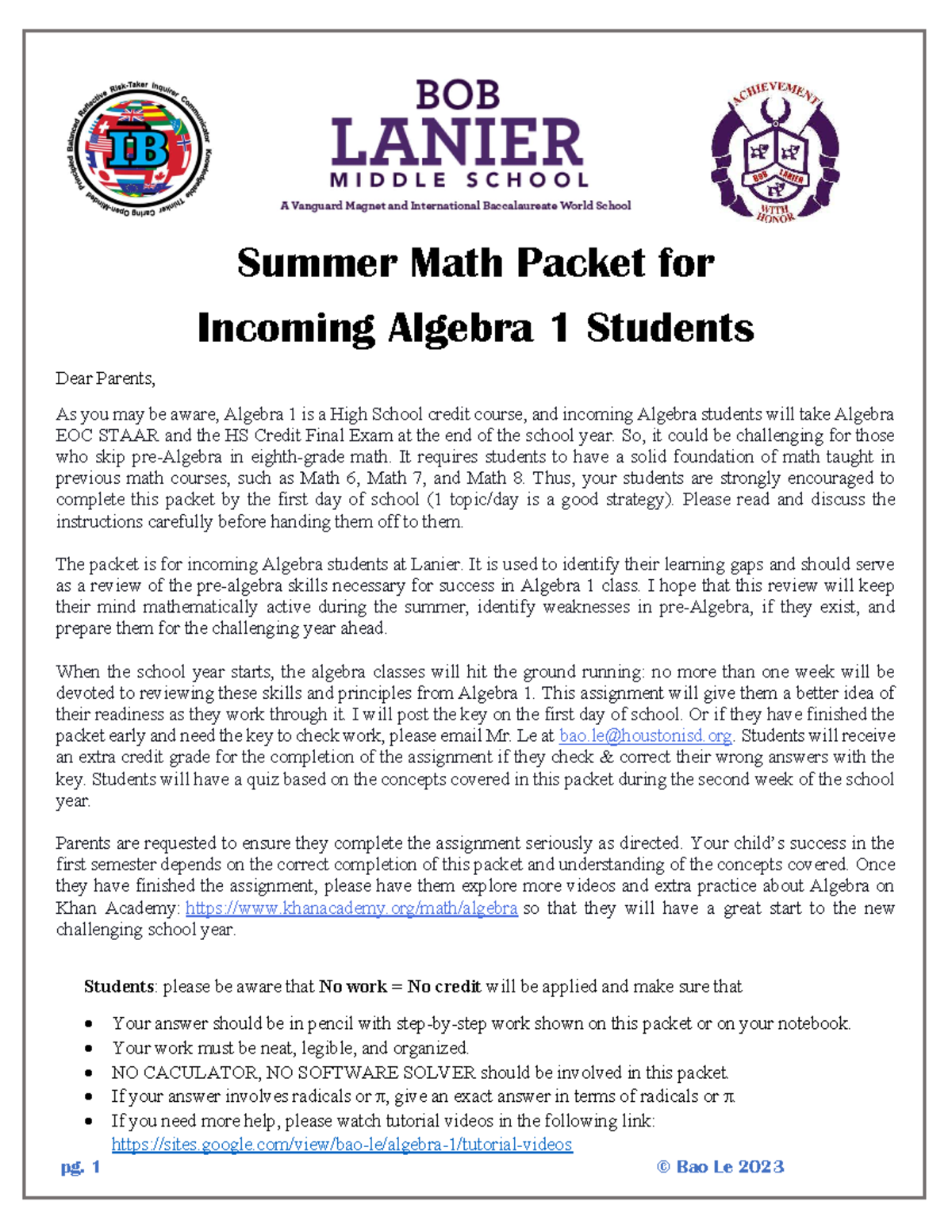 Algebra 1 Summer Review Packet for Incoming Students (Summer 2023 ...