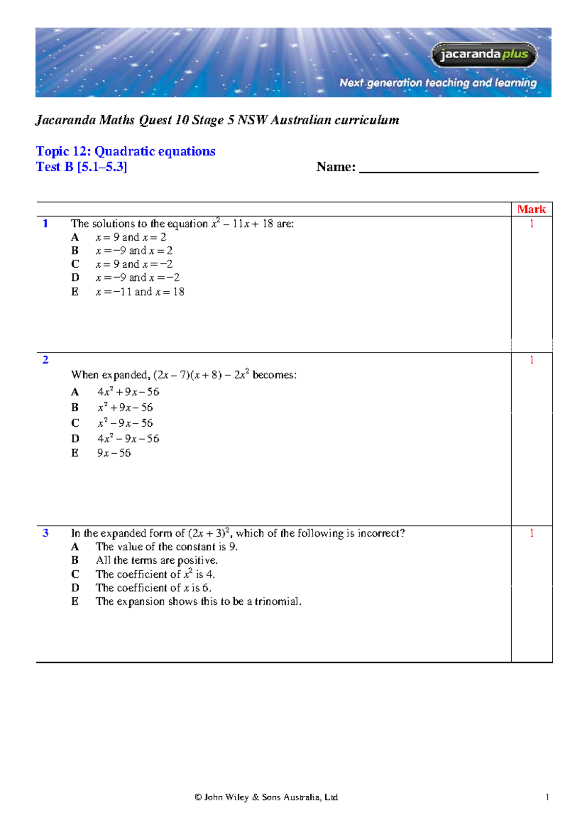 Jacaranda Maths Quest 10 Stage 5 NSW Topic 12: Quadratic Equations Test ...