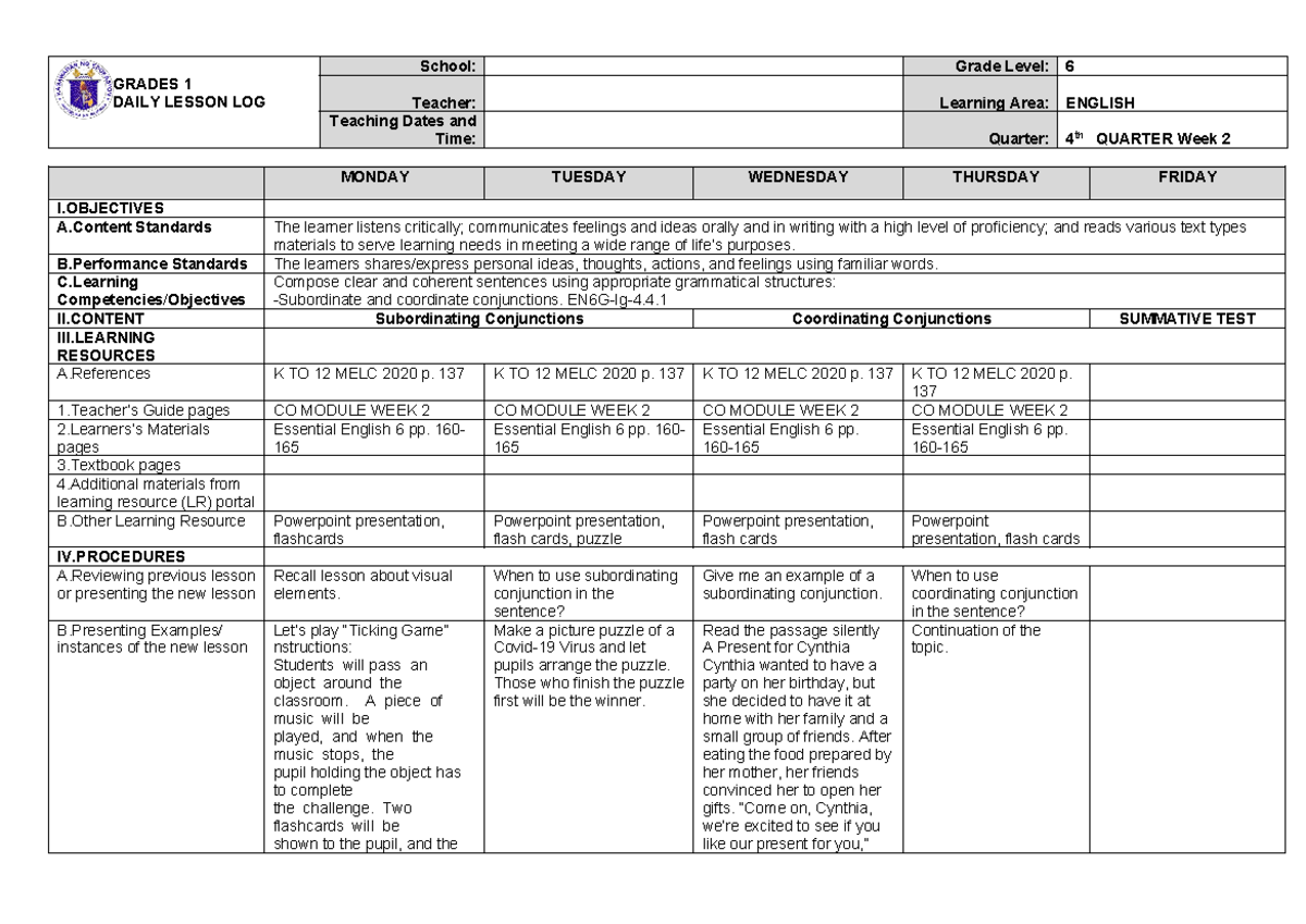 ENGLISH 6 DAILY LESSON LOG - QUARTER 4 WEEK 2 - Studocu