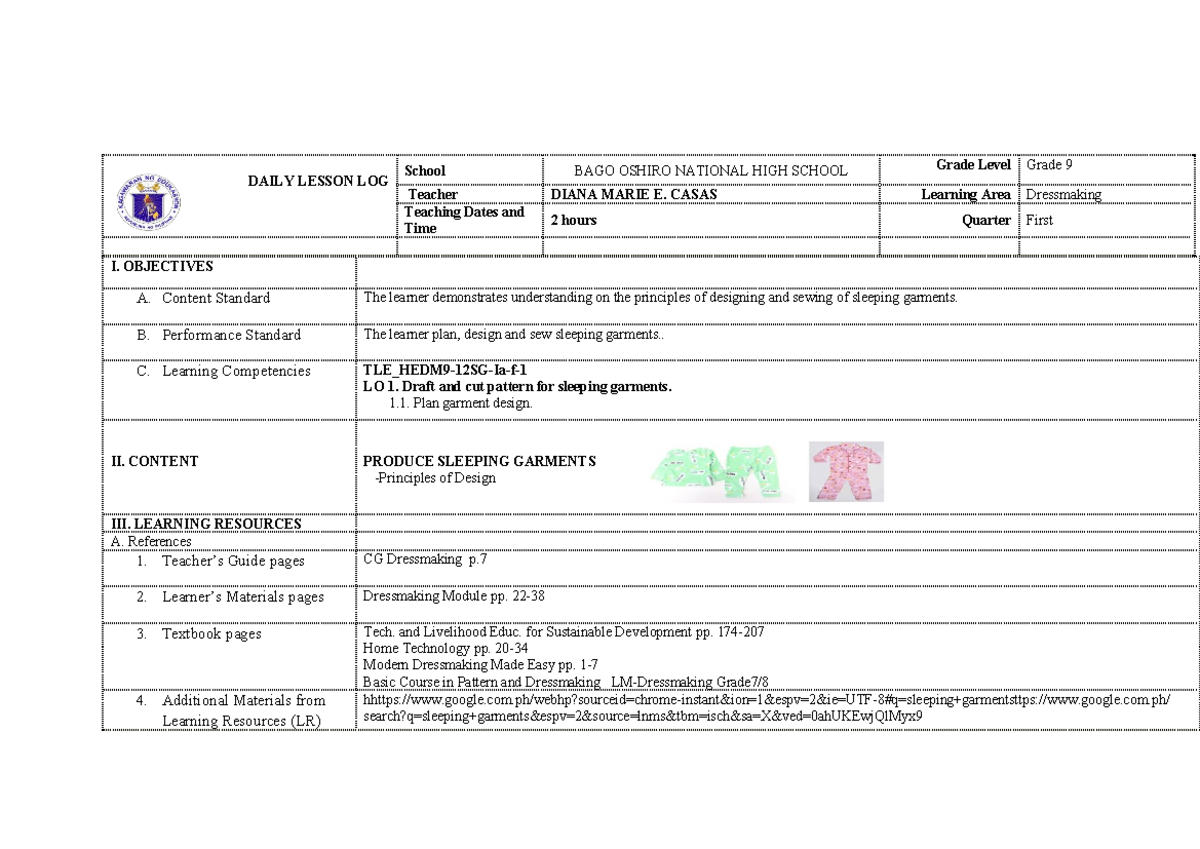 DLL G9 Dressmaking Lesson Log for 1st Quarter - Studocu