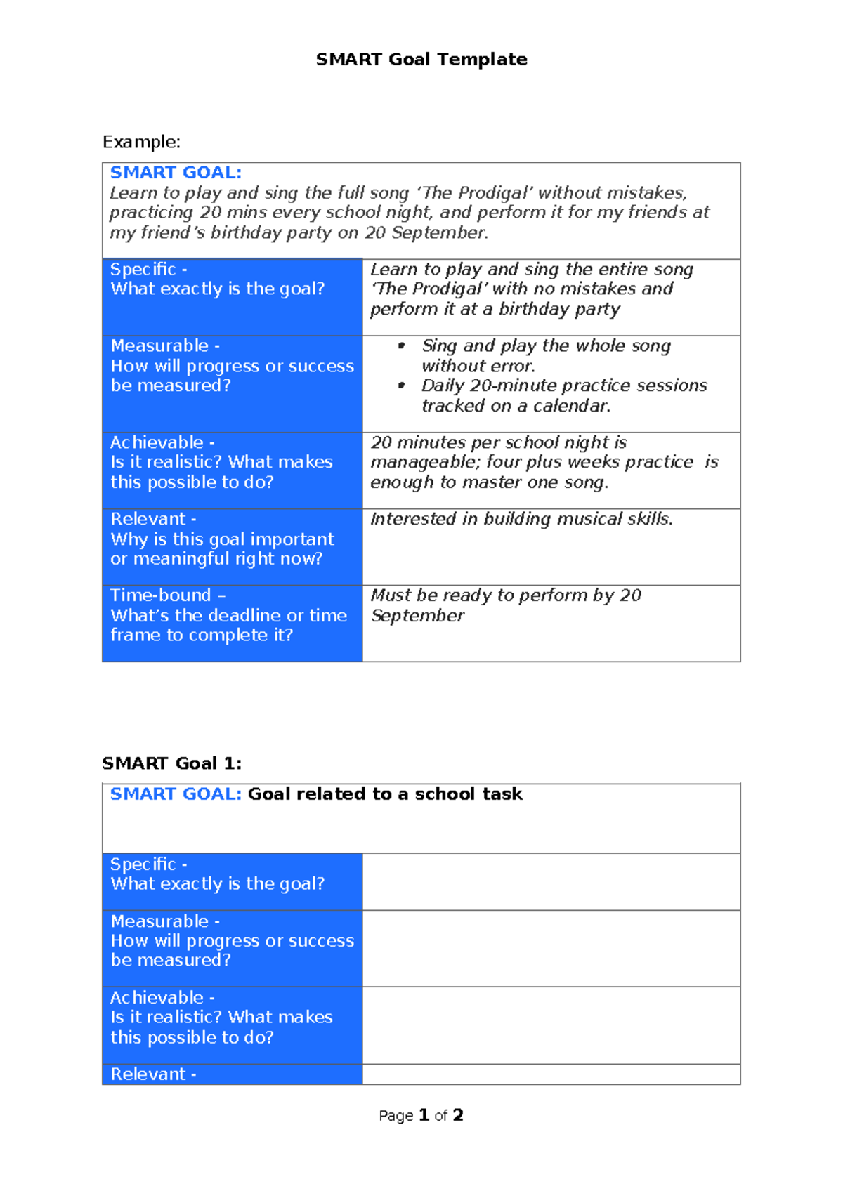 W1-01. SMART Goal Template: Learn & Perform a Song by 20 Sept - Studocu