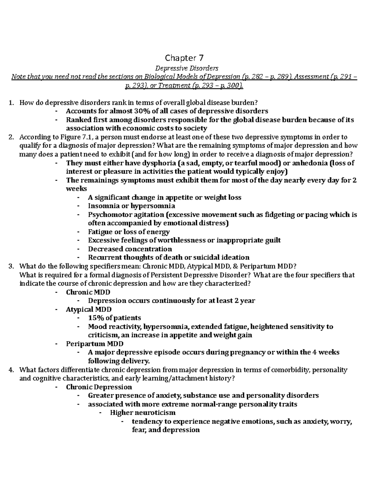 Chapter 7 - Reading Guide on Depressive Disorders and Their Impact ...