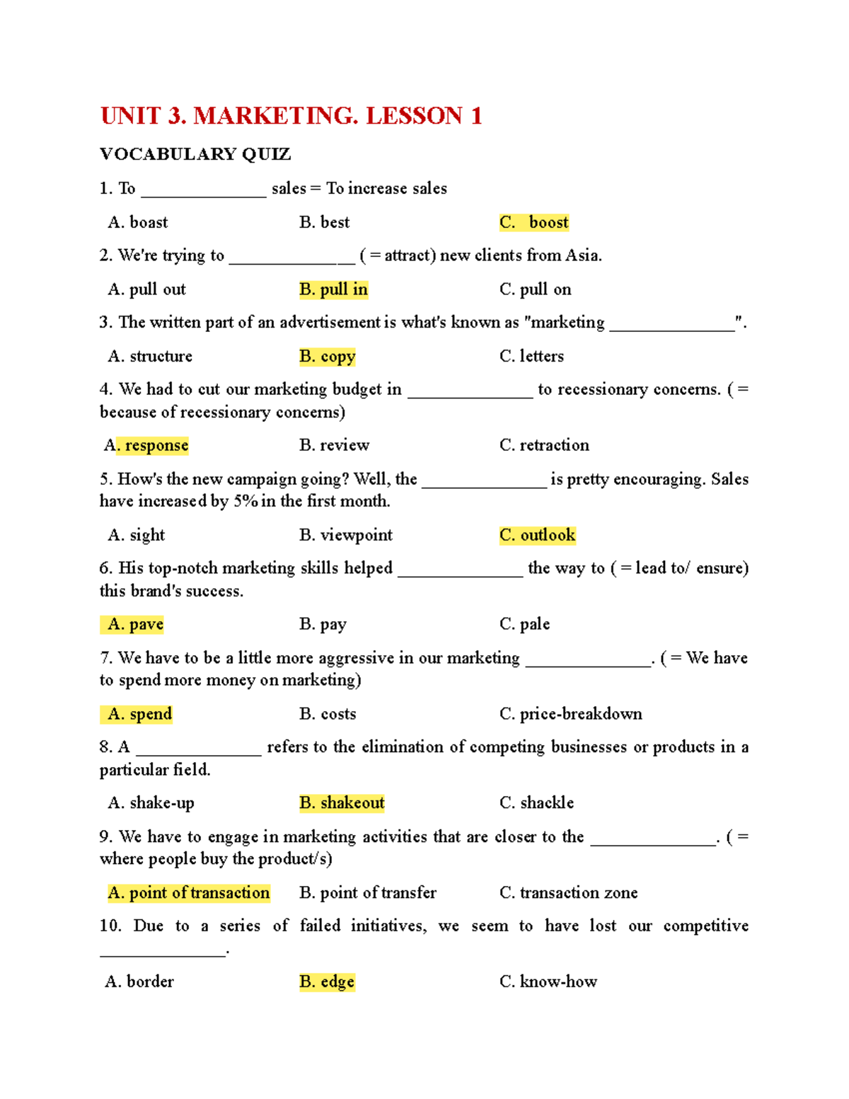 UNIT-3 Marketing Lesson-1 Vocabulary Quiz and Key Concepts - Studocu