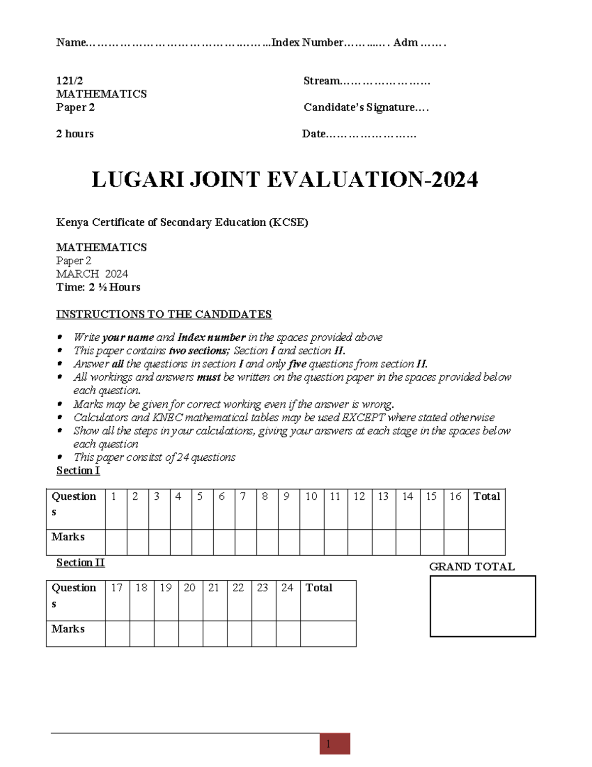 Maths PP2 JET Lugari KCSE March 2024 Exam Questions and Answers - Studocu