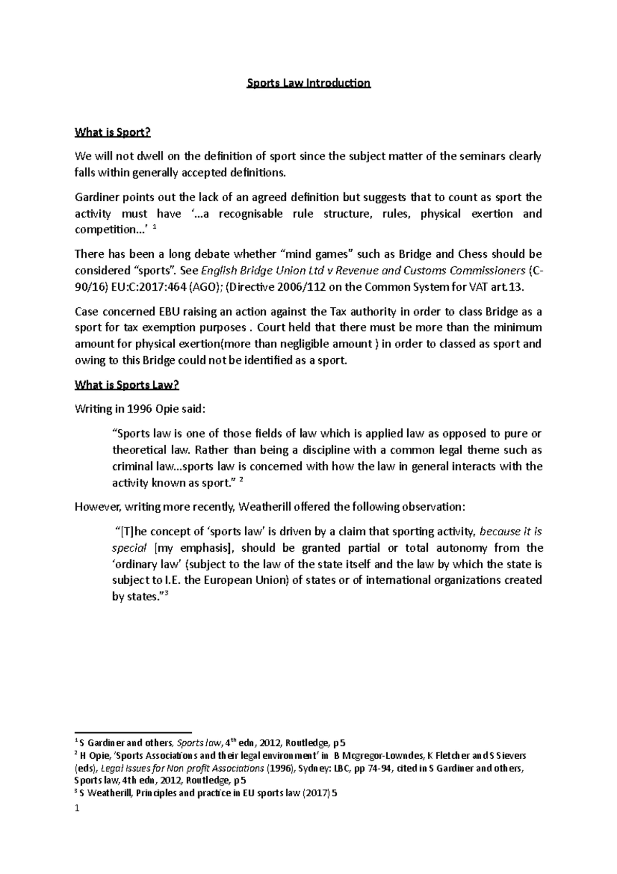 Sports Law Lecture Notes - Sports Law Introduction What is Sport? We ...
