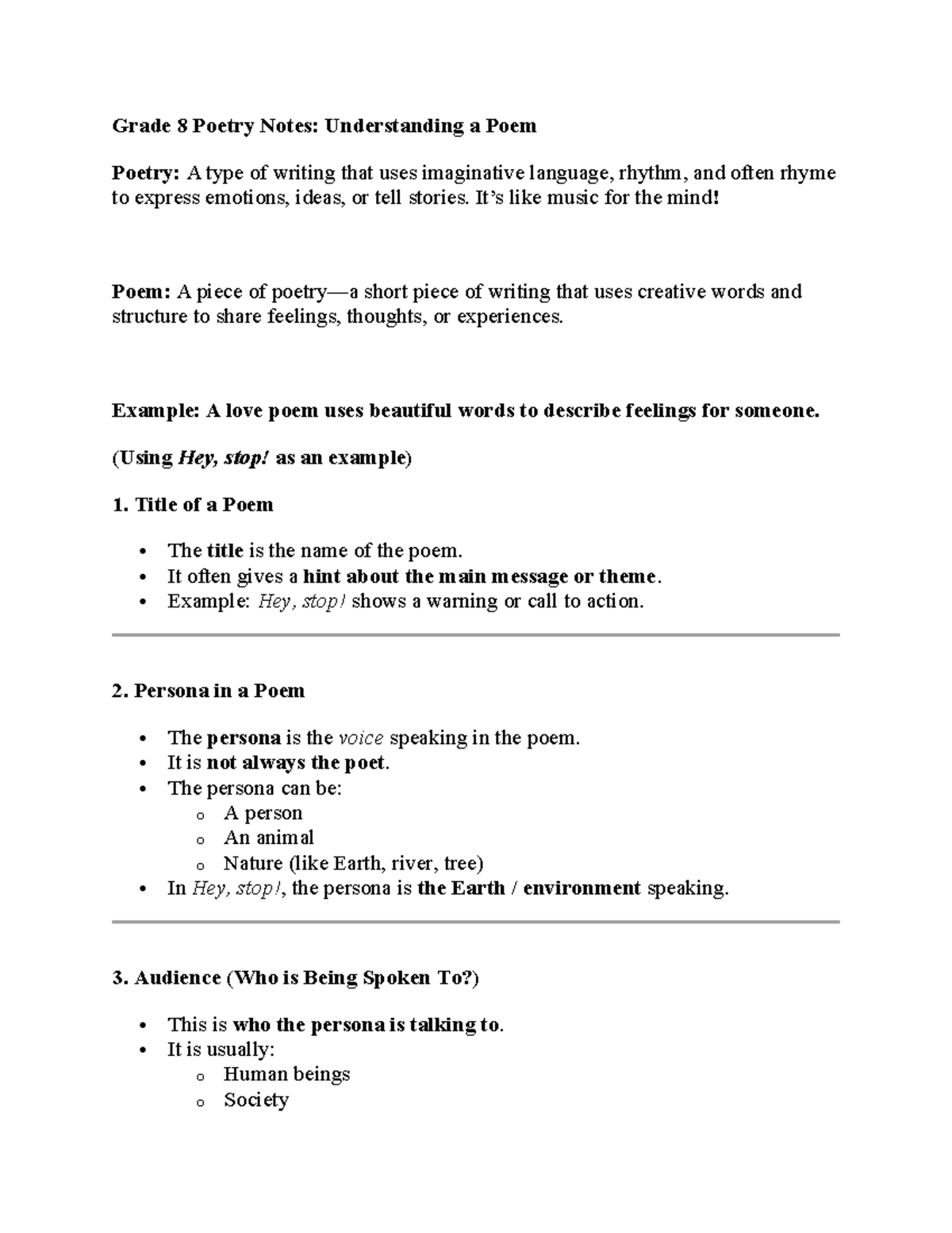 Grade 8 Poetry Notes: Analyzing Poetic Elements - CBC - Studocu