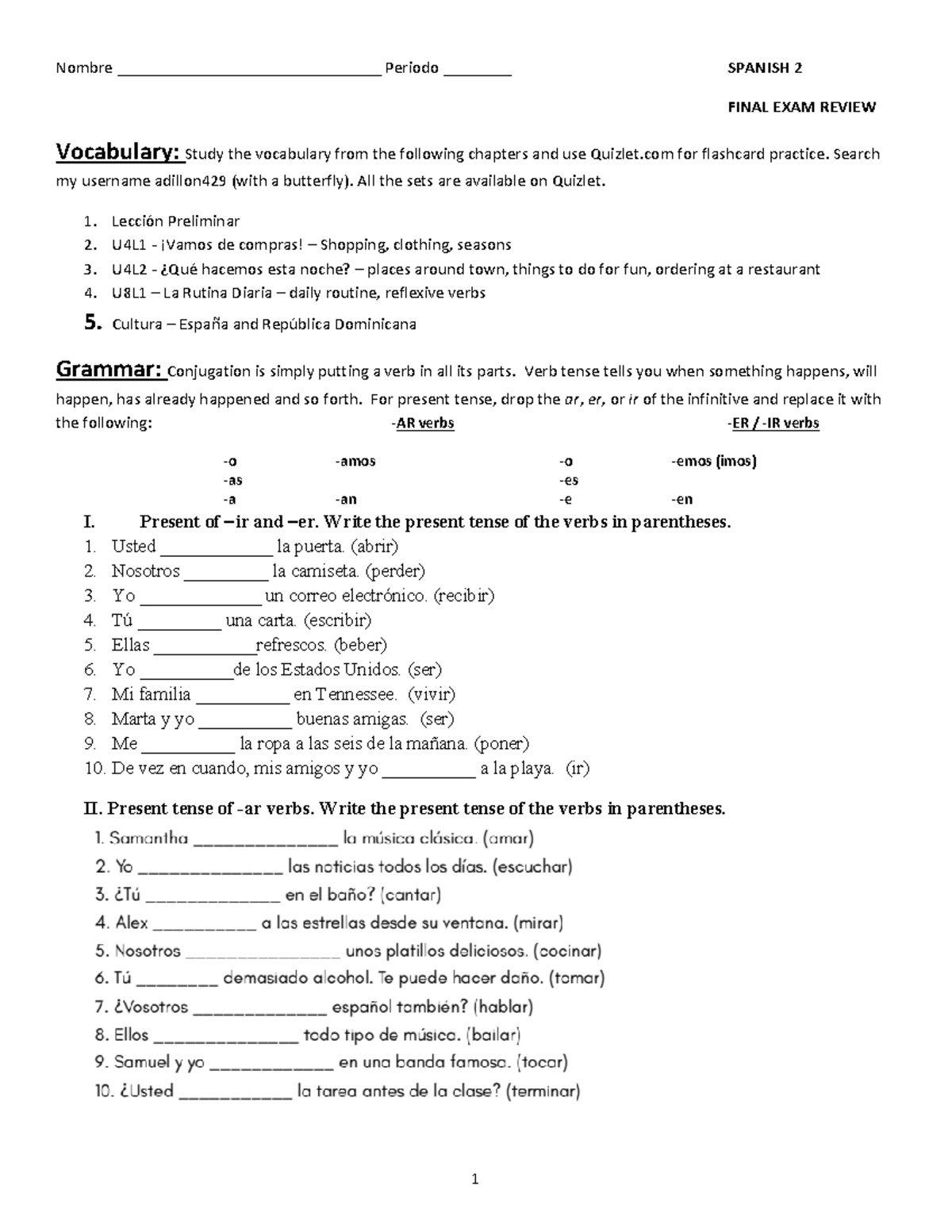 Spanish 2 Final Exam Review: Vocabulary & Grammar Study Guide - Studocu