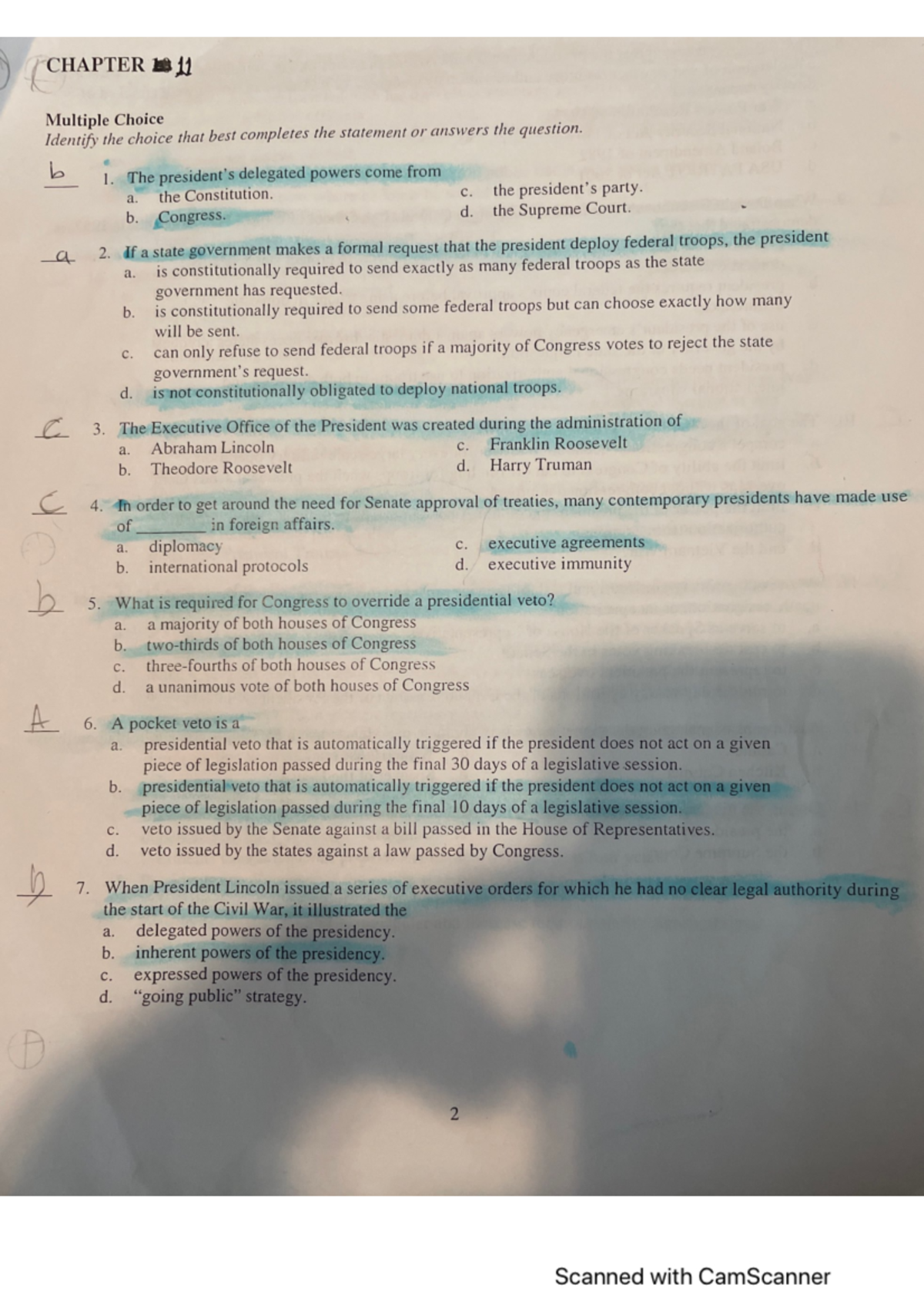 Chapter 11 - Exam Questions on Powers of the U.S. Presidency - Studocu