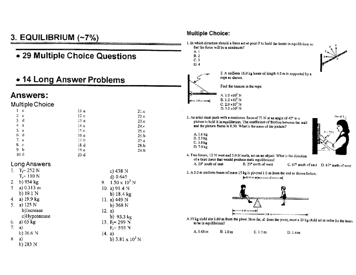 Equilibrium Problems and Solutions: MCQ & Long Answers - Studocu
