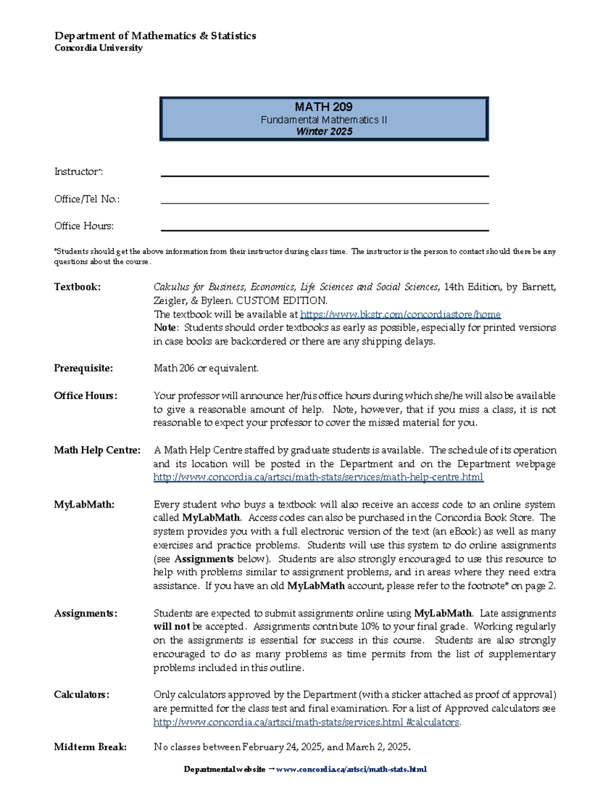 Course Outline - MATH 209 (Winter 2025) - Departmental website ...