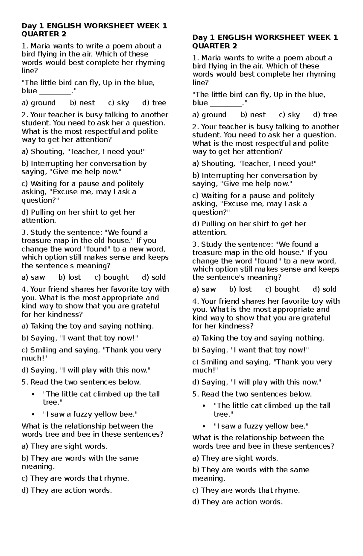 English 2 WEEK 1 Quarter 2 Worksheet Activities - Studocu