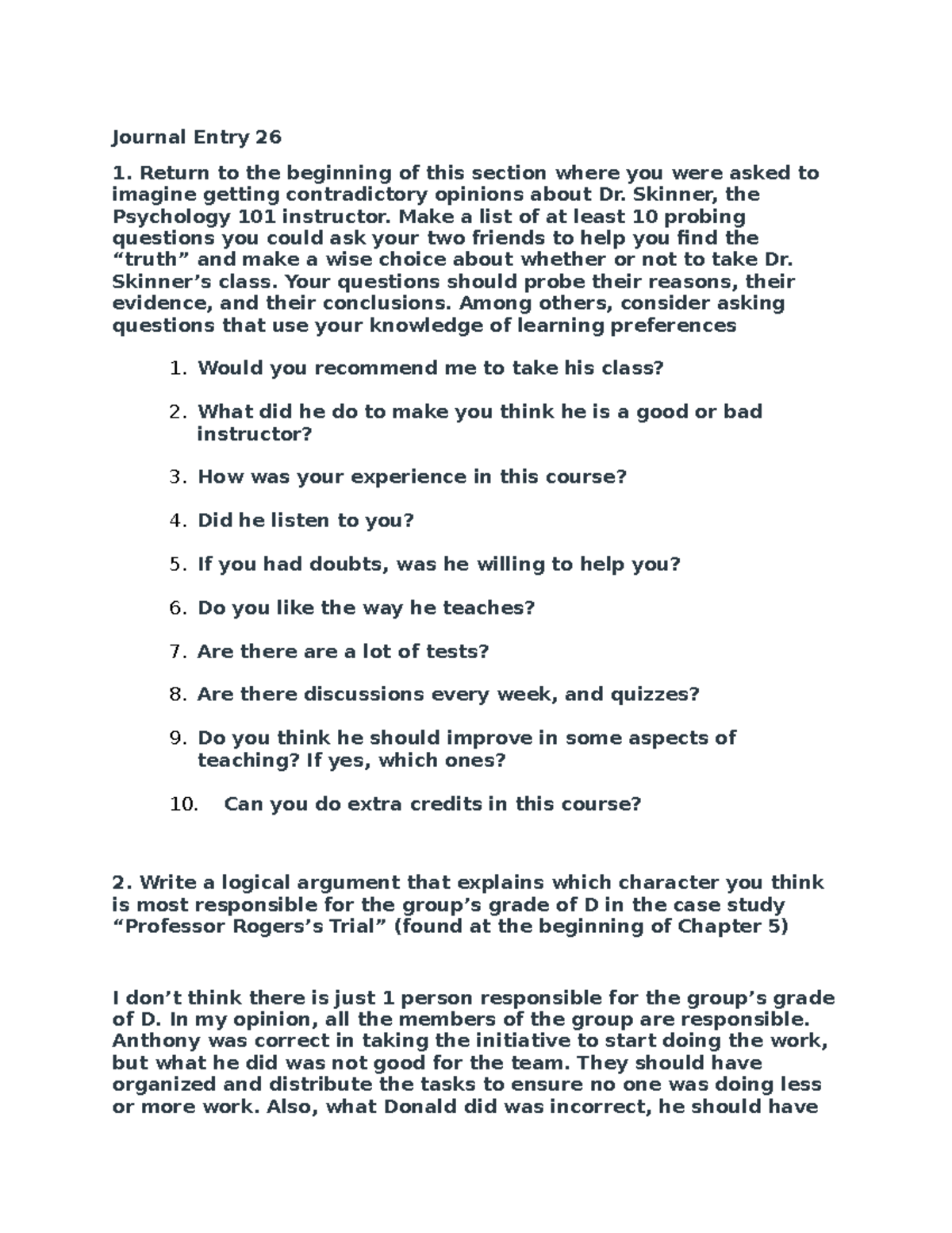 Psychology 101 Journal Entry 26: Analyzing Instructor Opinions and ...