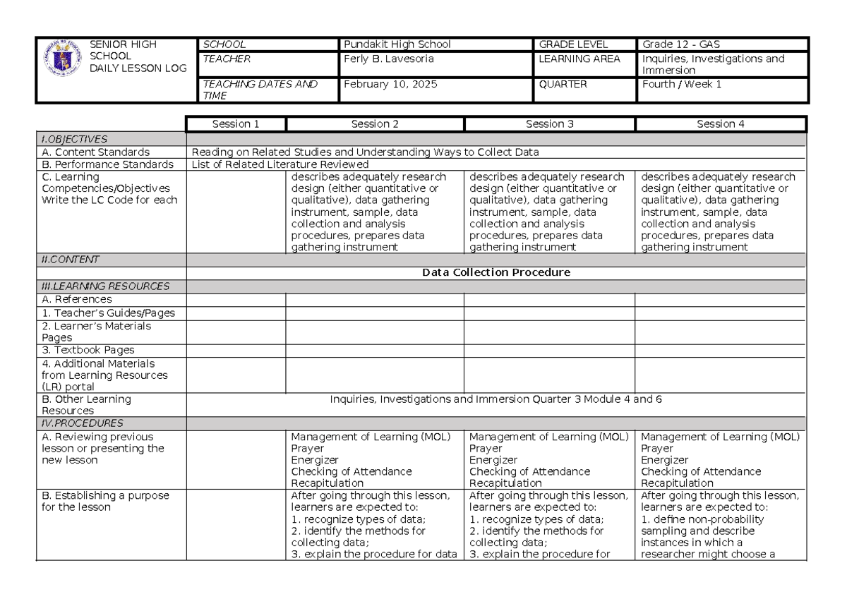 Grade 12 GAS 4th Quarter Week 1 Daily Lesson Log (DLL) - Studocu