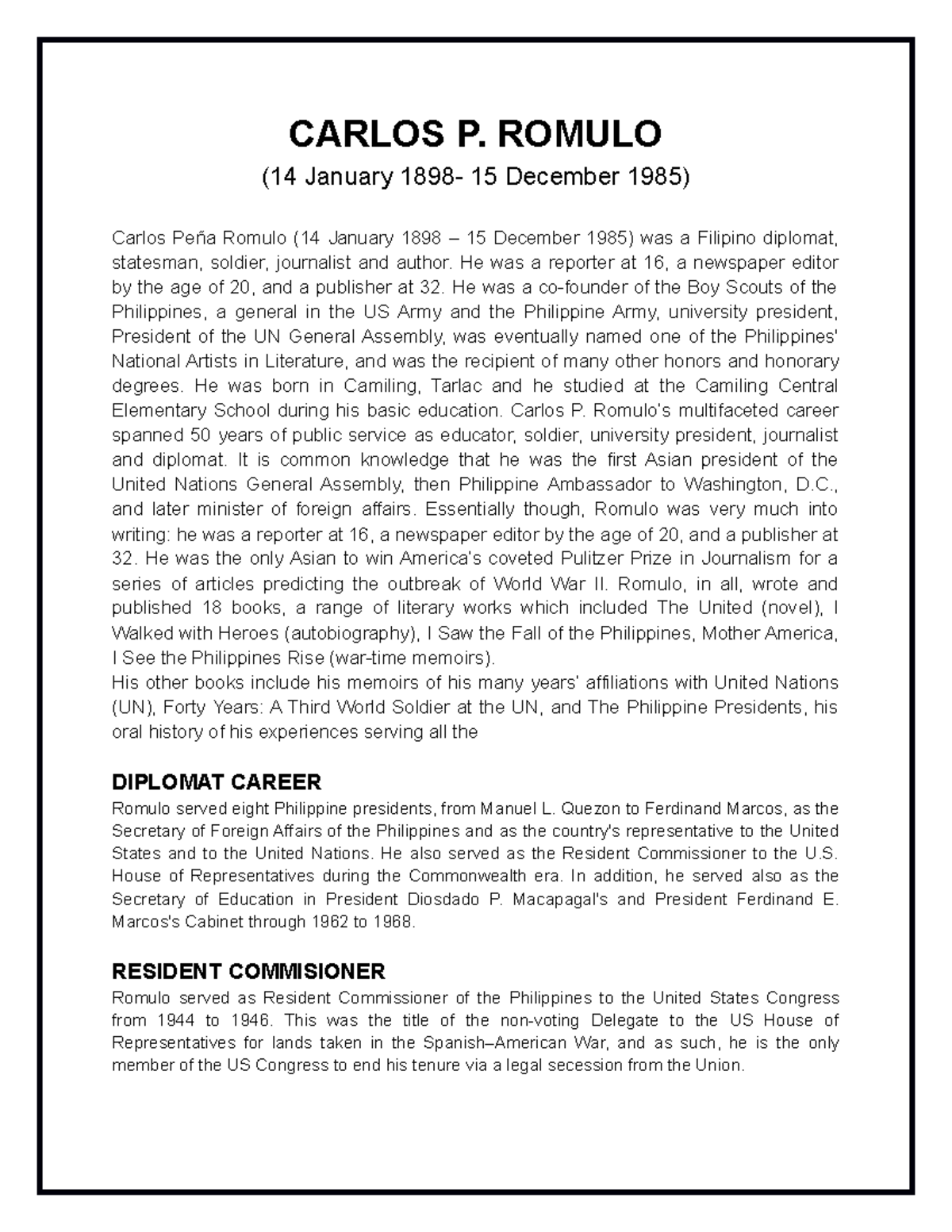 ORDER OF NATIONAL ARTIST: BIOGRAPHY OF CARLOS P. ROMULO - Studocu