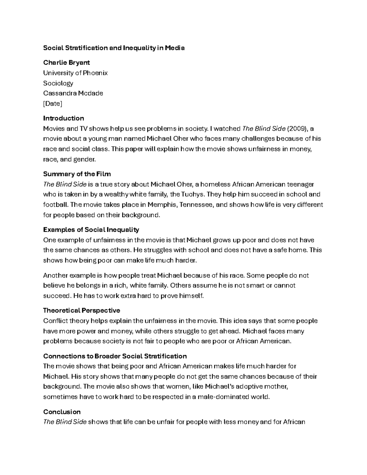 SOC 101: Social Stratification & Inequality in "The Blind Side" - Studocu