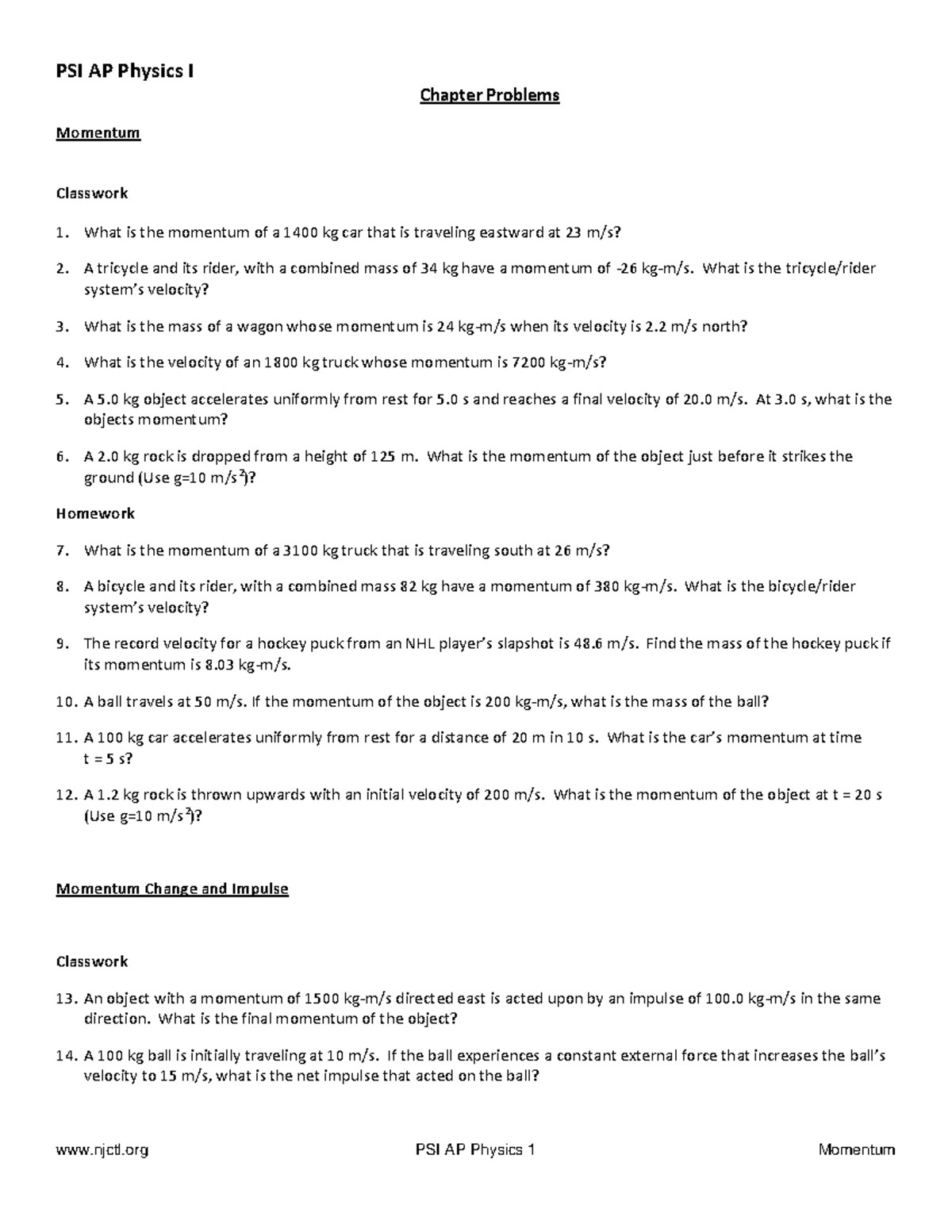 AP-Phys1 Momentum Skill-Based Problems: Classwork & Homework Solutions ...