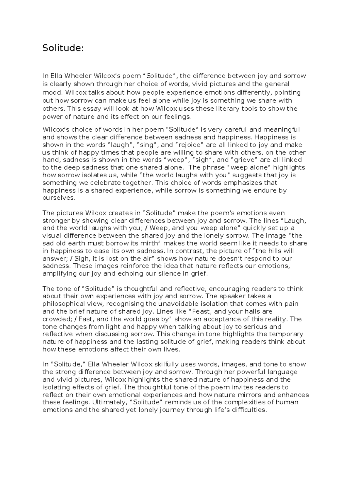 ENG101 Essay: Exploring Emotion in Wilcox's Poem "Solitude" - Studocu