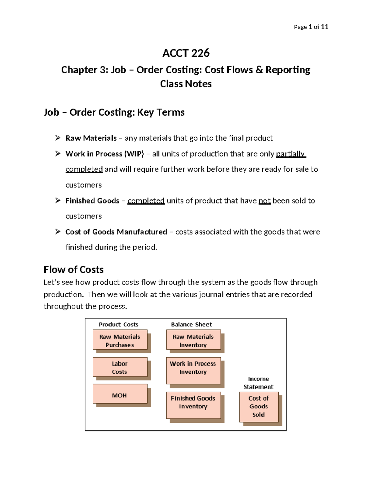 ACCT 226 Chapter 3: Job Order Costing Class Notes & Key Terms - Studocu