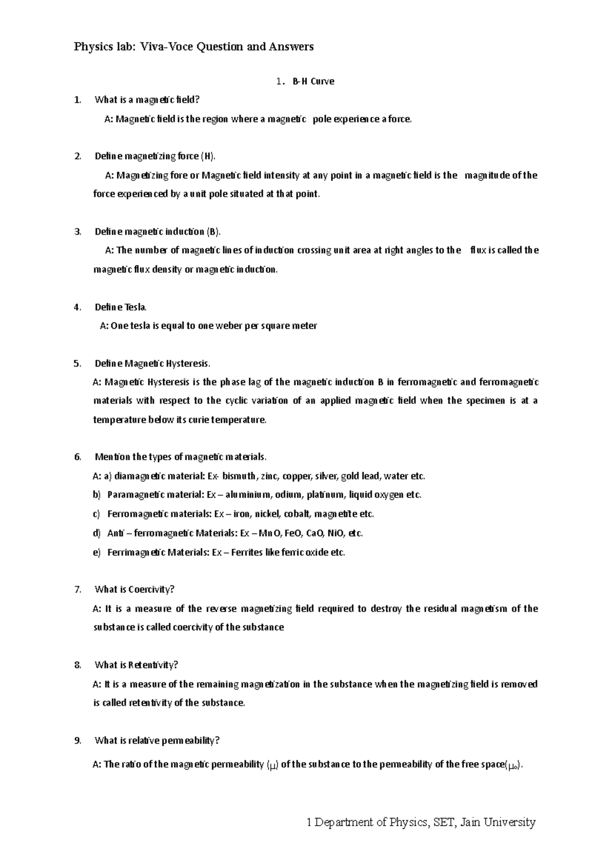 Physics Lab Viva-Voce Q&A: Understanding the B-H Curve - Studocu
