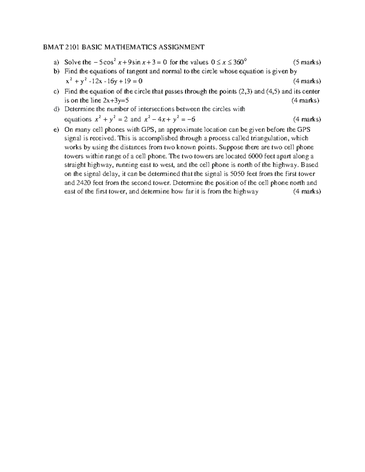 BMAT 2101 Basic Mathematics Assignment: Problem Solving and Analysis ...