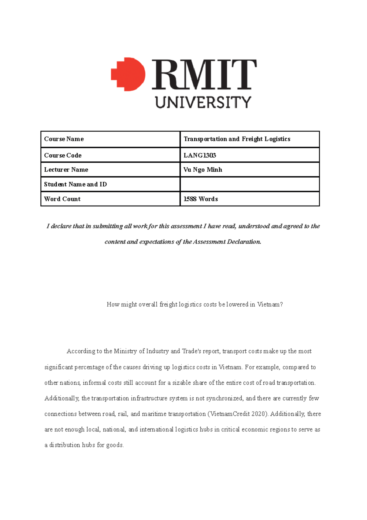 Essay - Research eassay - Course Name Transportation and Freight ...