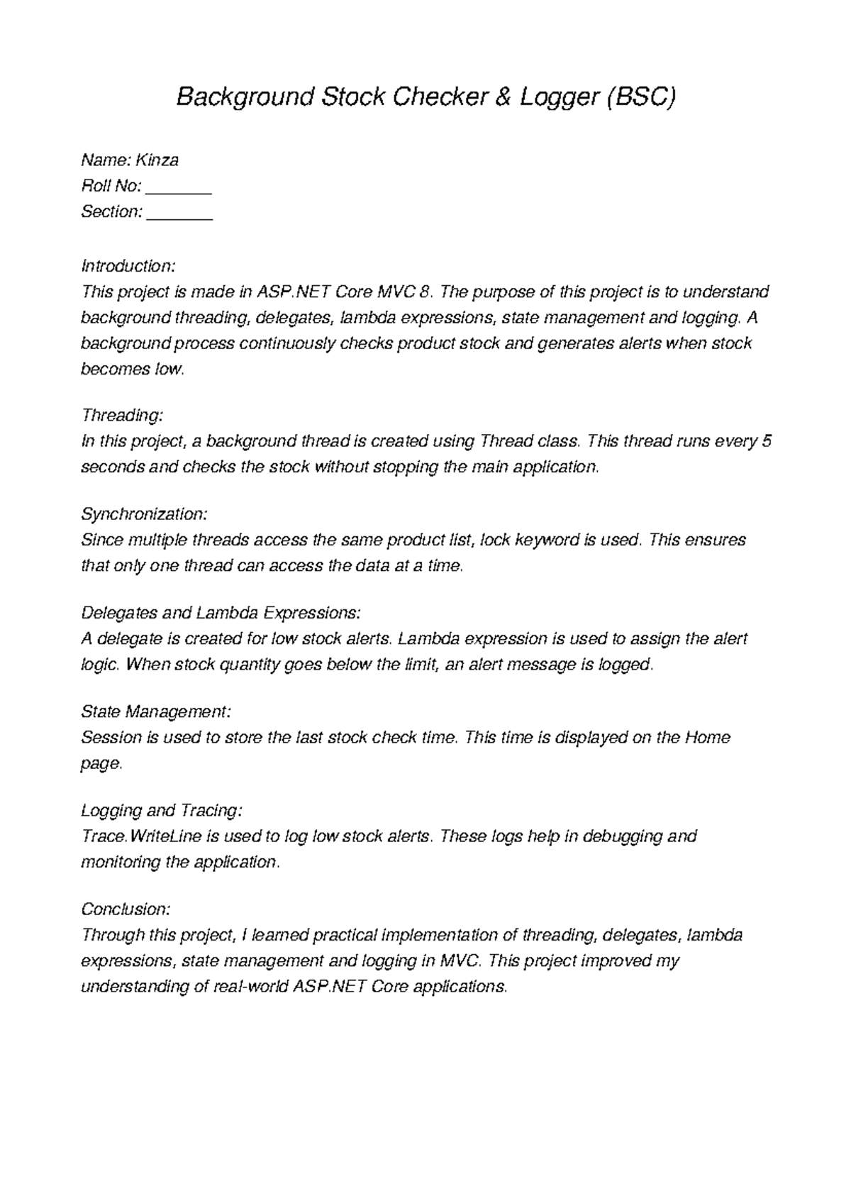 BSC Project: Background Stock Checker Logger in ASP.NET Core MVC - Studocu