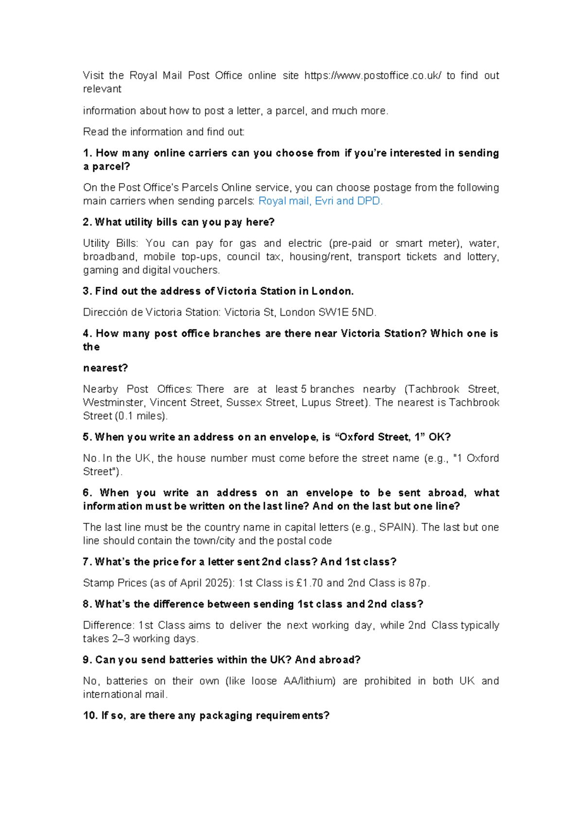 Royal Mail Post Office Guide: Sending Letters & Parcels - Studocu