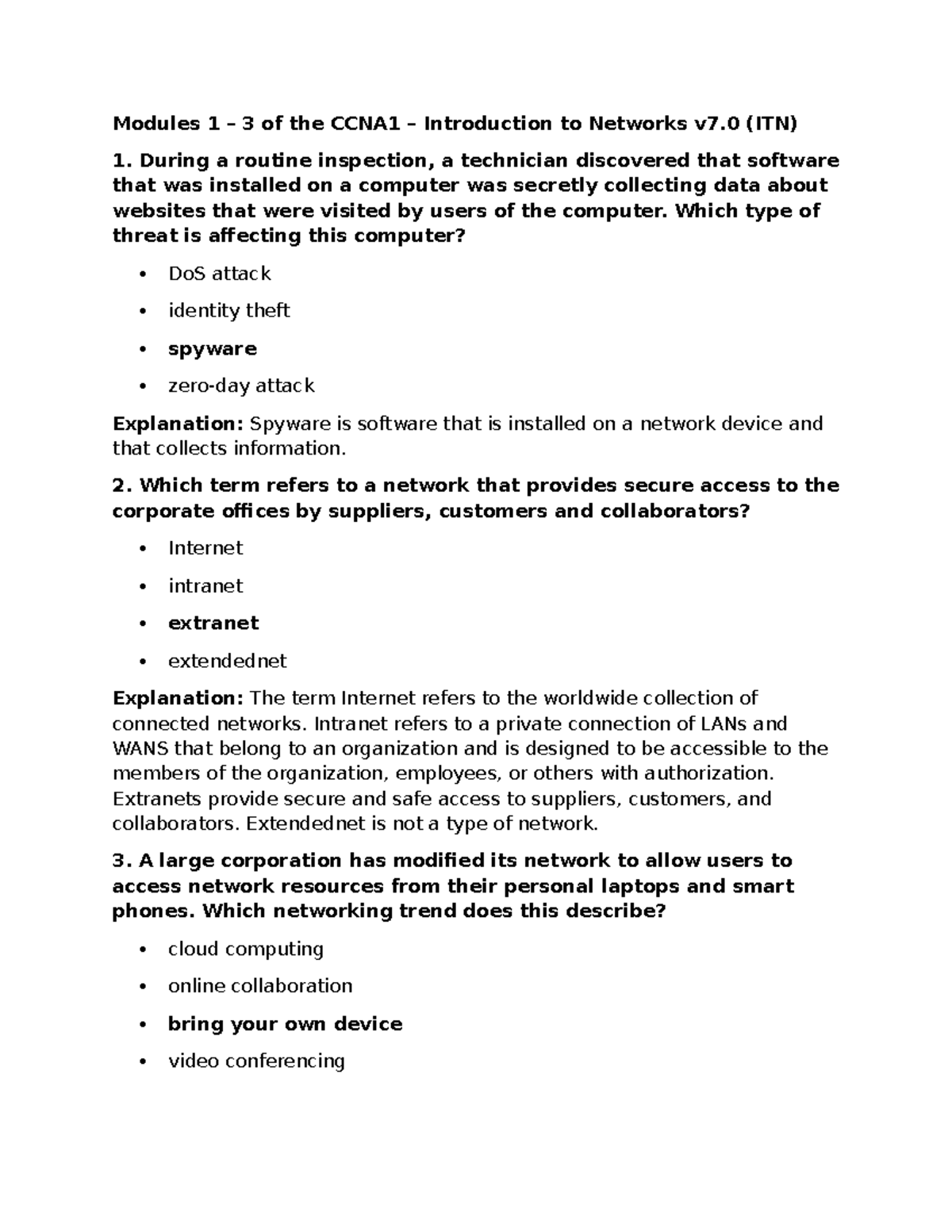 CCNA1 - Introduction to Networks v7.0 Modules 1-3 Study Guide - Studocu