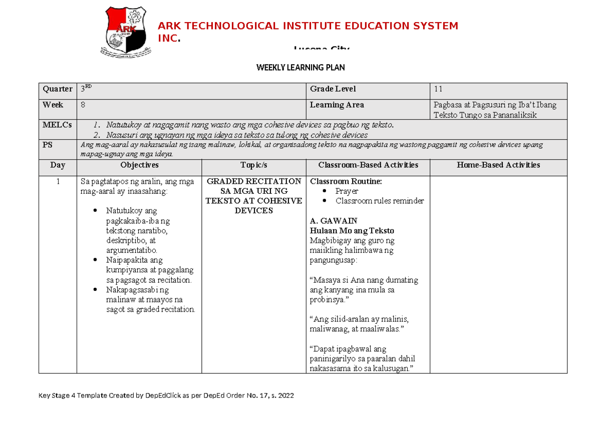 ARK TECHNOLOGICAL INSTITUTE EDUCATION SYSTEM INC. Lucena City WEEKLY ...