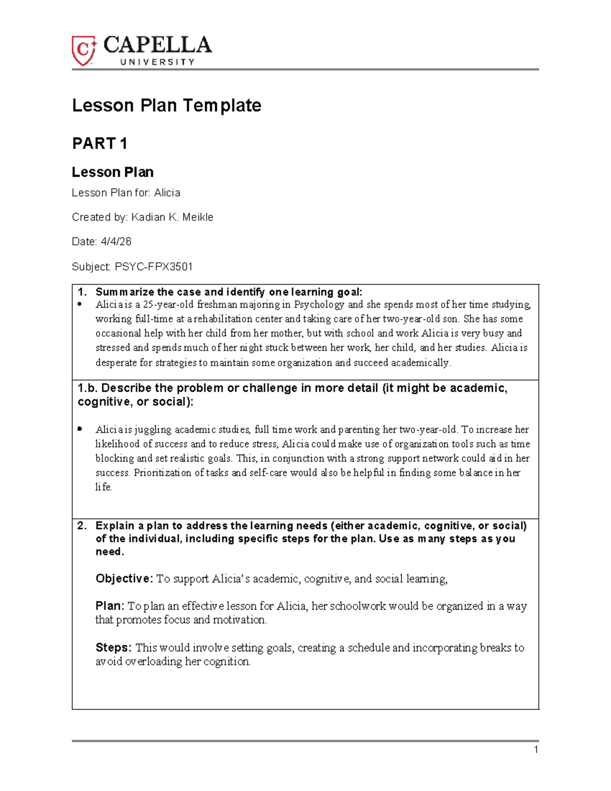 FPX3501 Lesson Plan Template for Alicia: Strategies for Success - Studocu