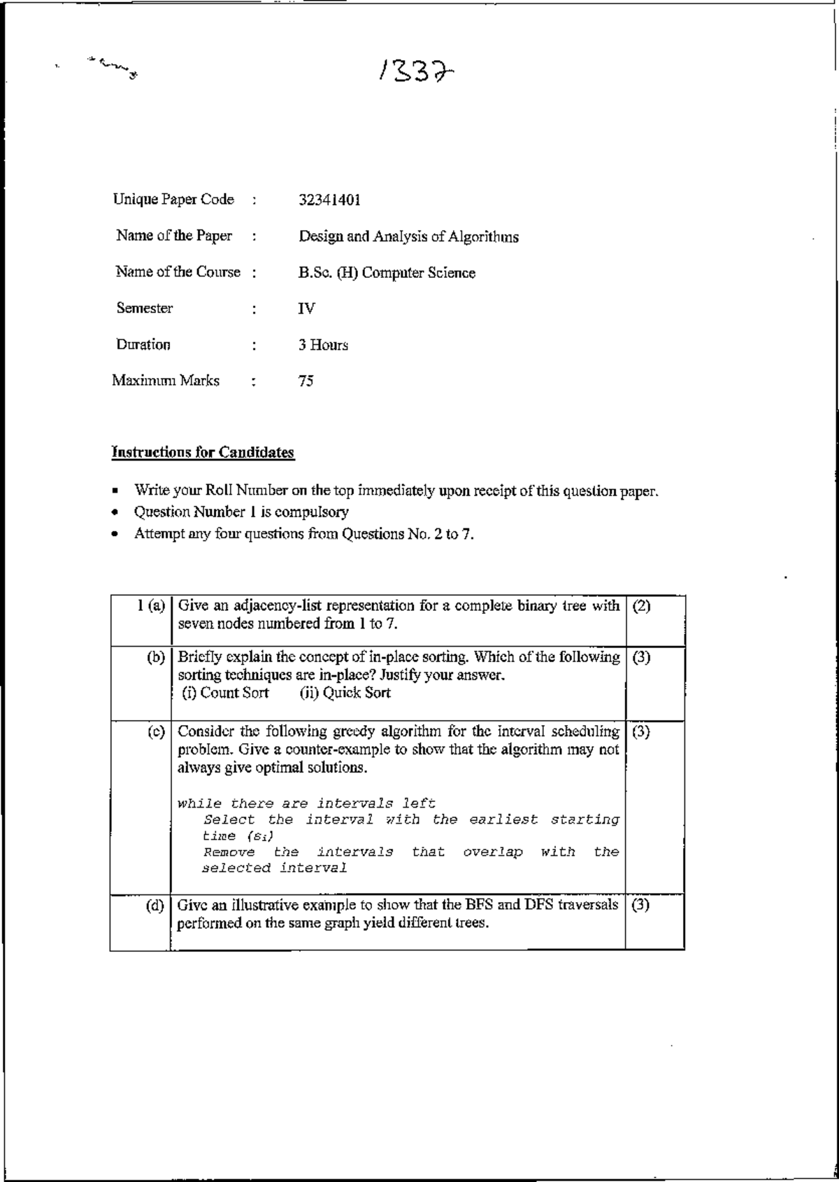 B.Sc. QD Computer Science IV: Design & Analysis of Algorithms Exam ...