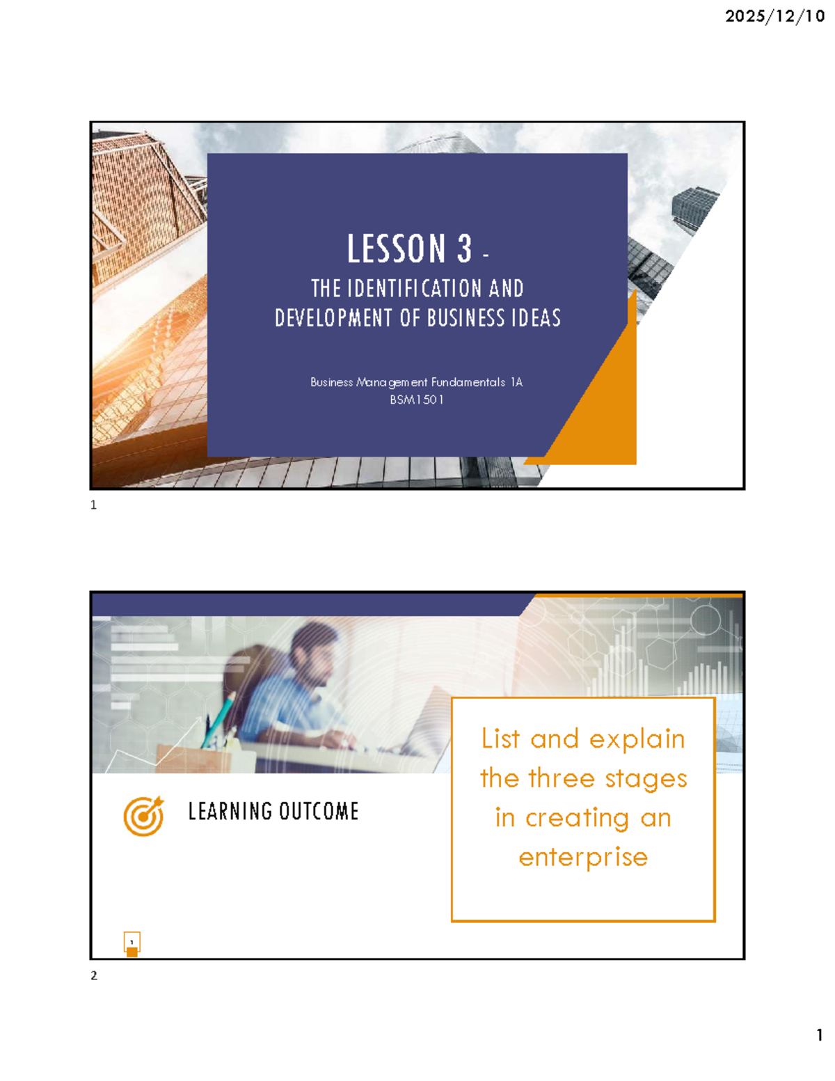 Lesson 3: Identifying & Developing Business Ideas - BSM1501 - Studocu