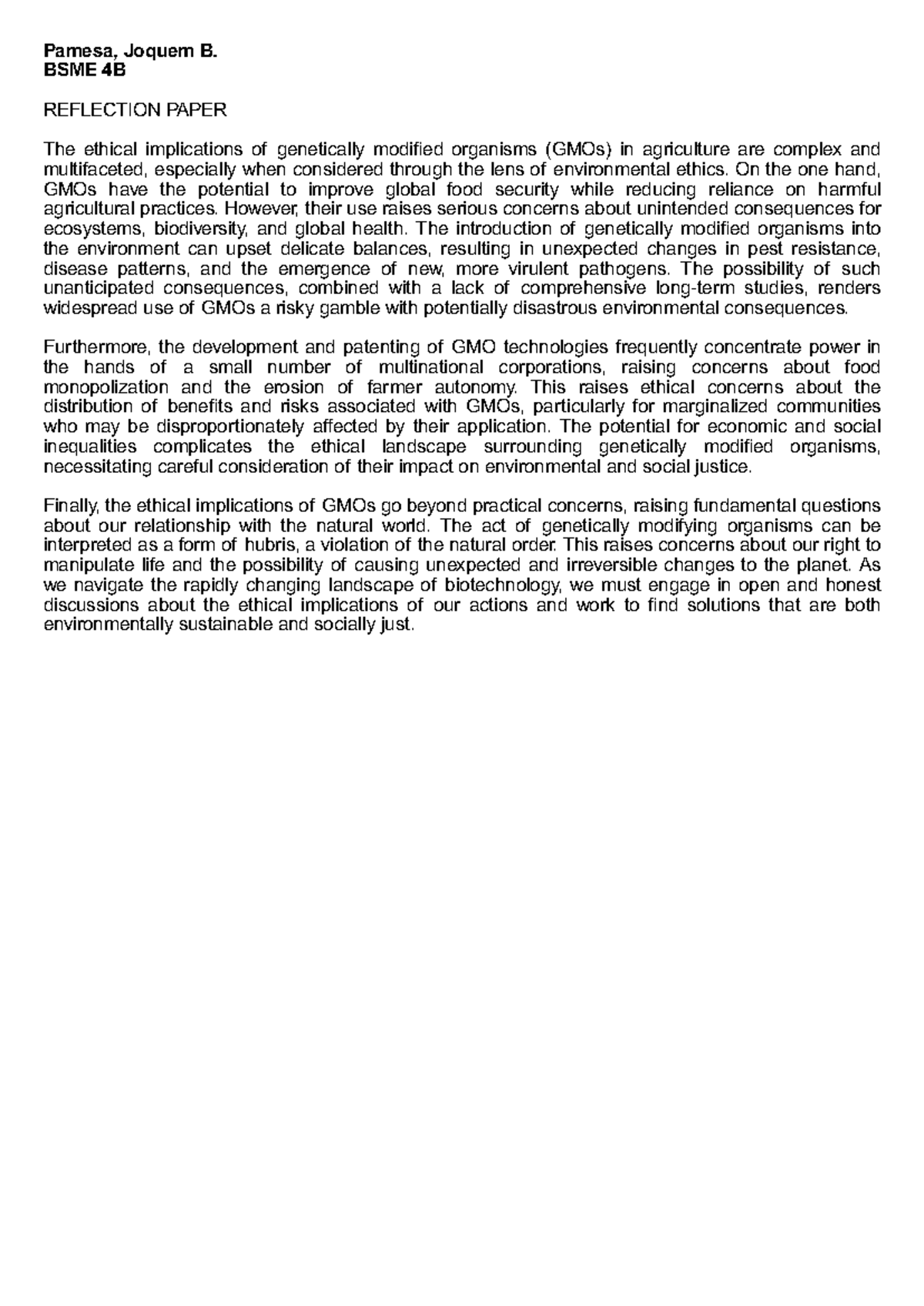 Pamesa Reflection Bioethical - Pamesa, Joquem B. BSME 4B REFLECTION ...