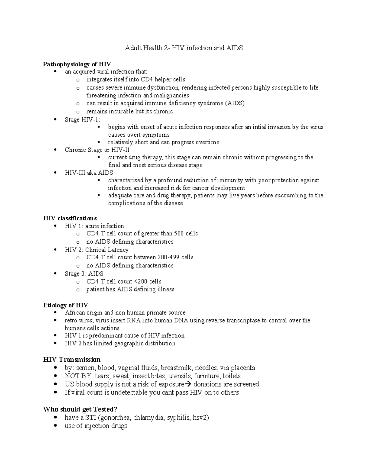 Adult Health 2: HIV Infection and AIDS Pathophysiology Overview - Studocu