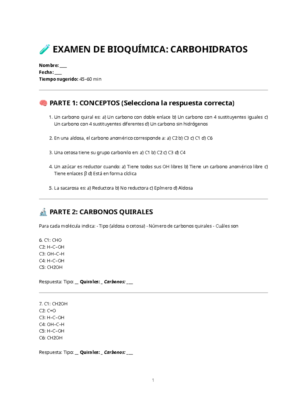 Examen de Bioquímica: Carbohidratos (Médico Militar) - Studocu