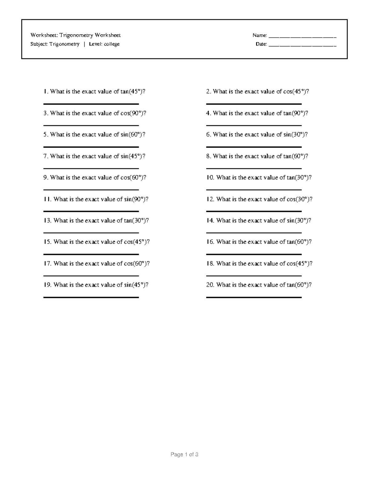 Trigonometry Worksheet (College Level) - Exact Values Practice - Studocu