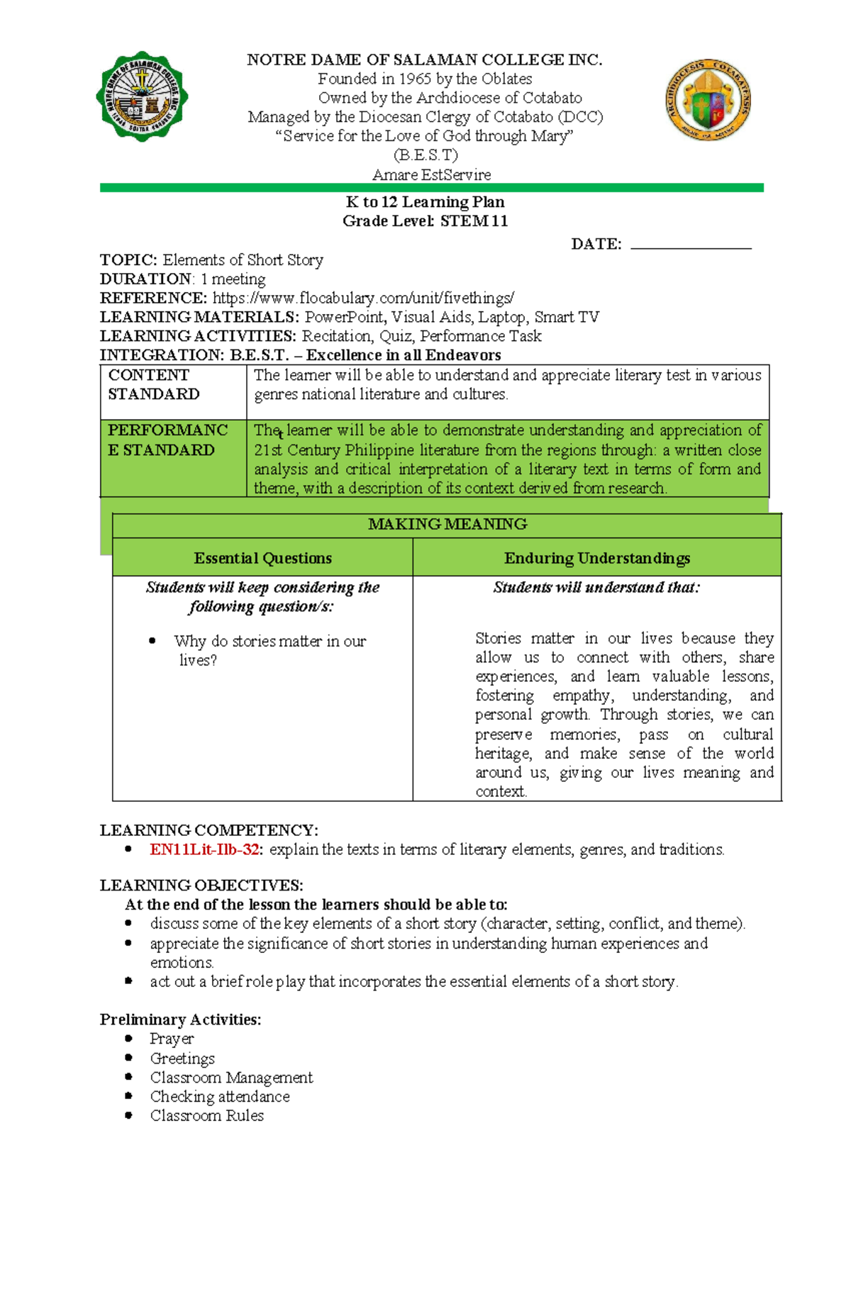 Lesson Plan: Elements of Short Story - STEM 11 (K to 12) - Studocu