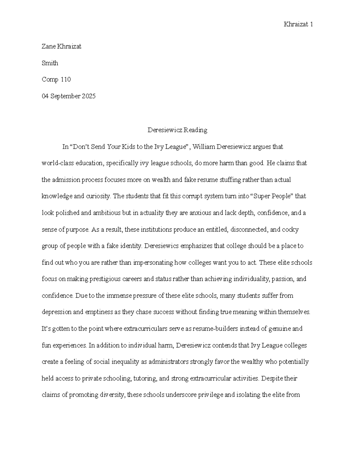 Comp 110: Deresiewicz Reading on Ivy League Education Critique - Studocu