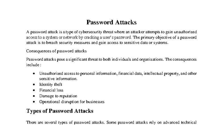 Cybersecurity 101: Understanding Password Attacks and Prevention - Studocu