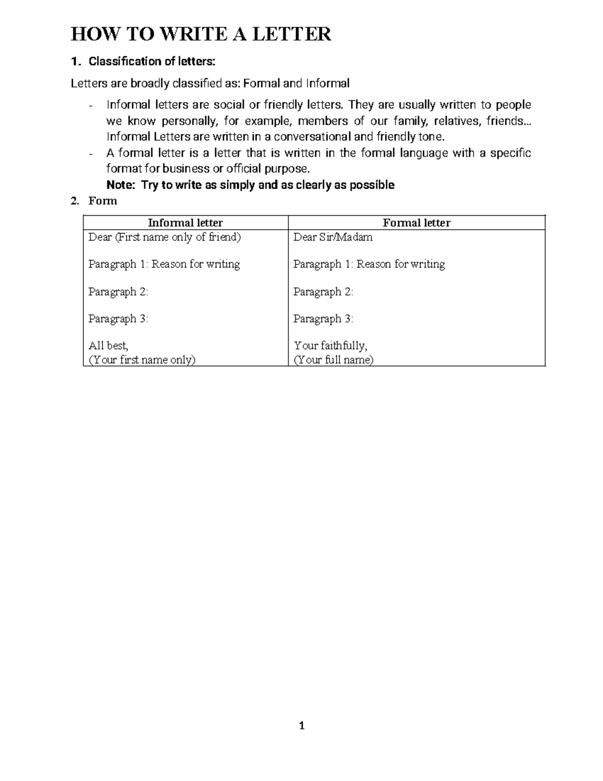 HOW TO Write A Letter - HOW TO WRITE A LETTER 1. Classification of ...
