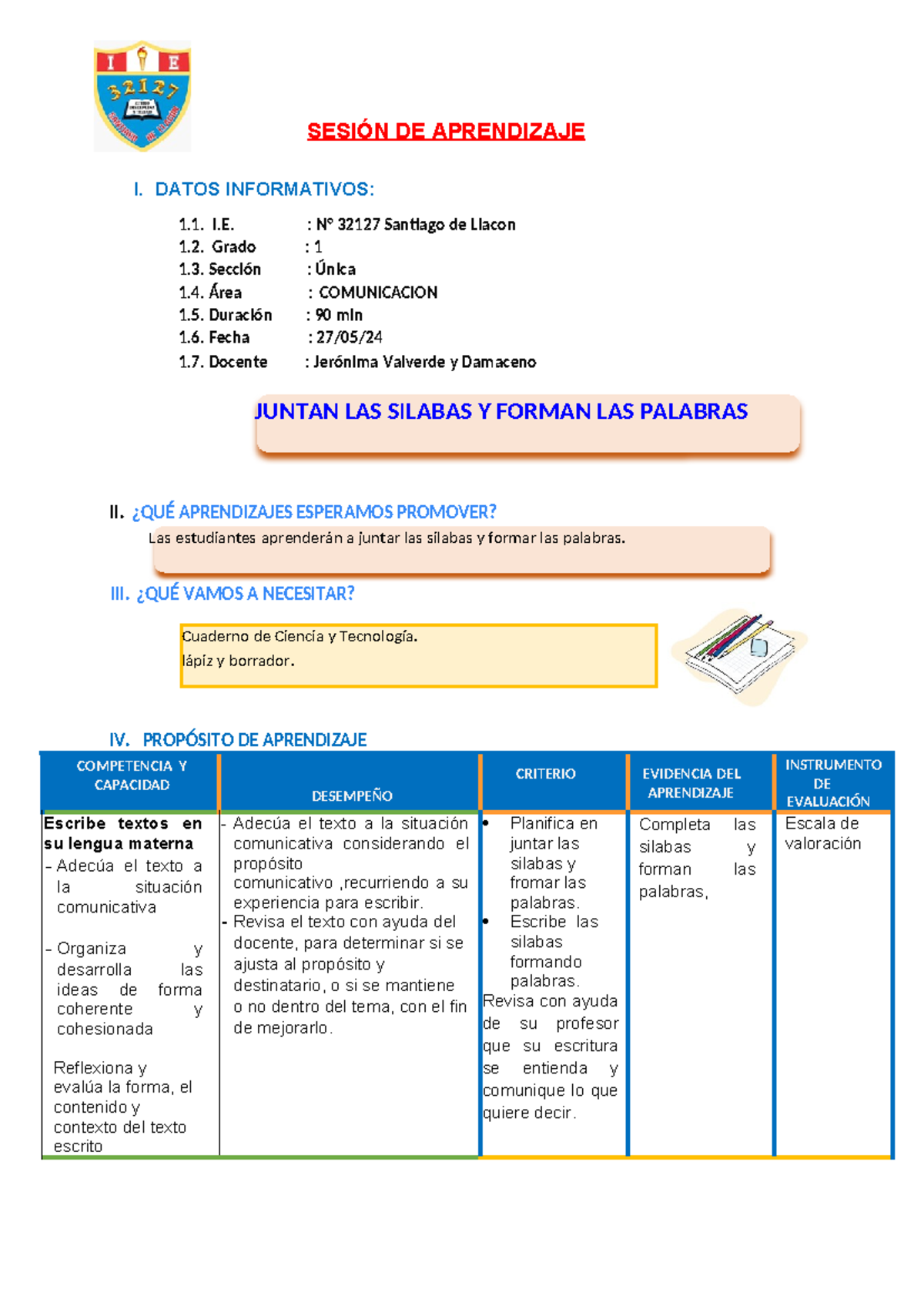 Sesión de Aprendizaje: Juntando Sílabas y Formando Palabras (1°) - Studocu