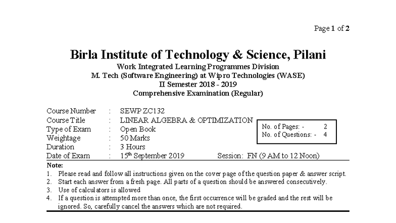 WASE II Sem 2018 Linear Algebra Optimization Exam QP - 15 Sept 2019 ...