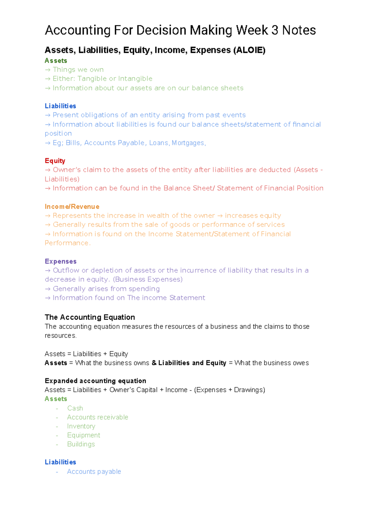 Accounting For Decision Making Week 3 Notes - Assets, Liabilities ...