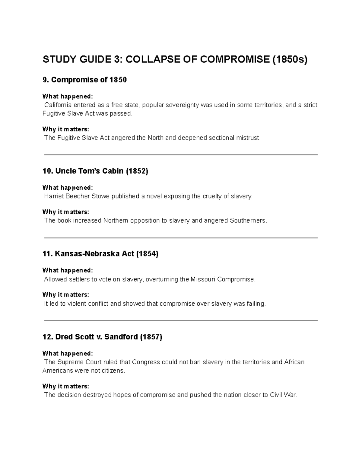STUDY GUIDE 3: COLLAPSE OF COMPROMISE (1850s) - Road to Civil War - Studocu