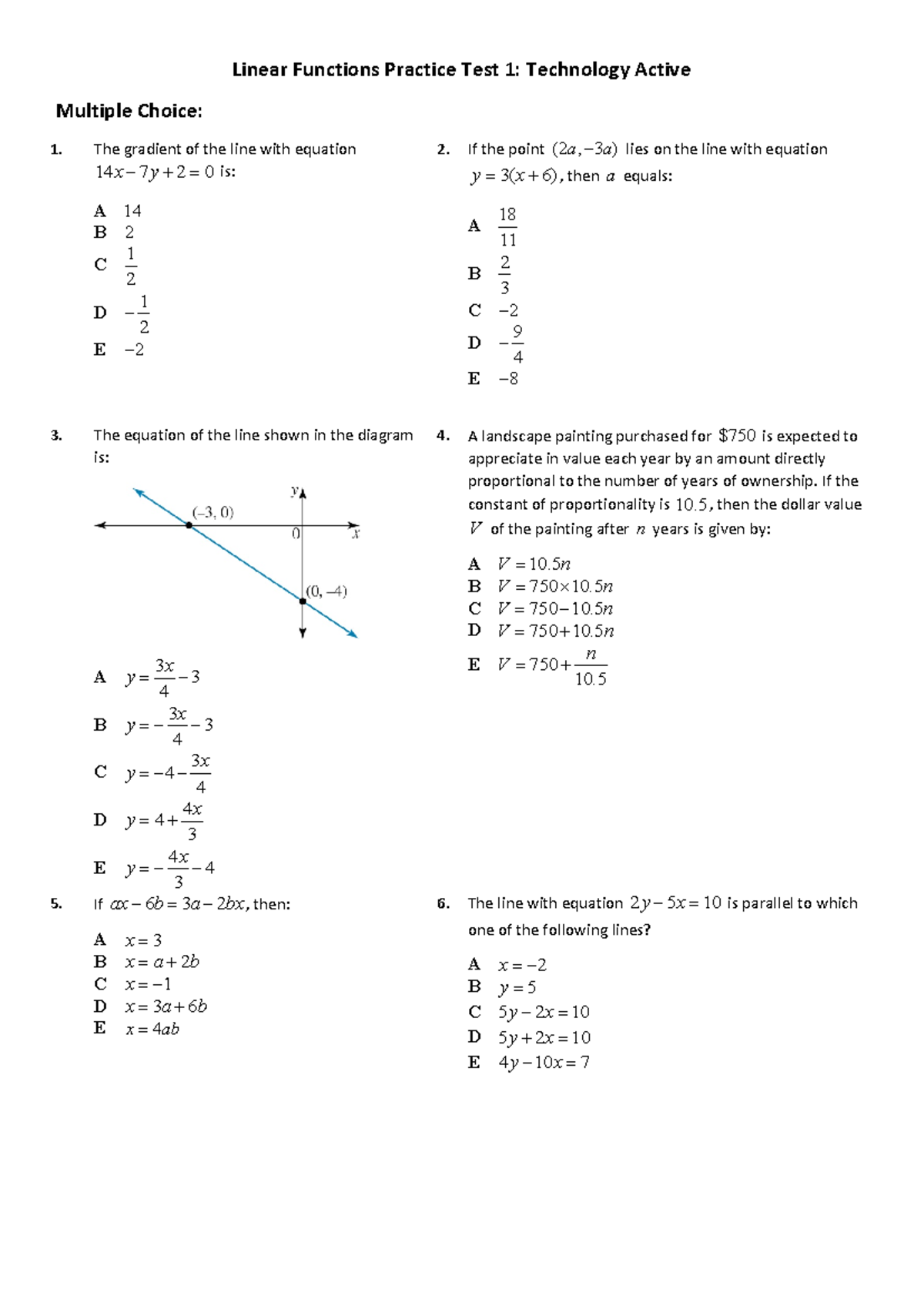 Linear Functions Practice Test 01c: Active Multiple Choice Questions ...