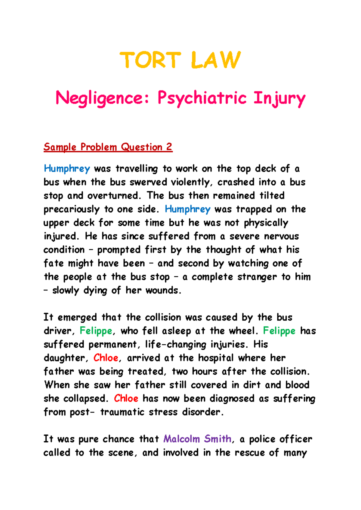 Question 2 - Negligence: Psychiatric Injury Analysis in Tort Law - Studocu