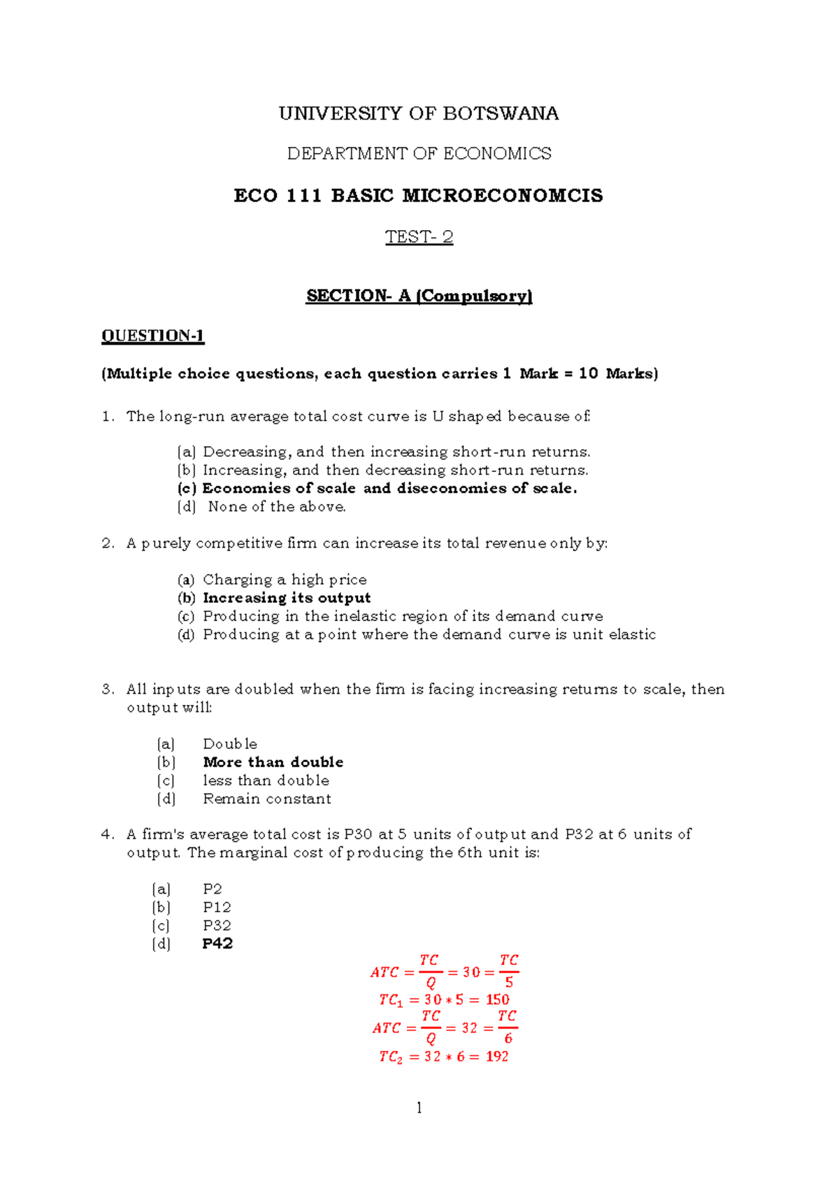 ECO 111 Test-2 Solutions with Detailed Explanations 2016-17 - Studocu
