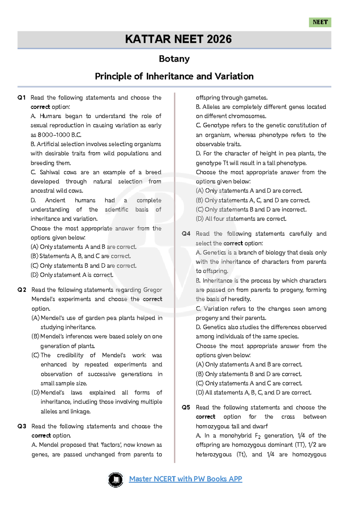 Kattar NEET 2026 Botany: Principles of Inheritance & Variation Study ...